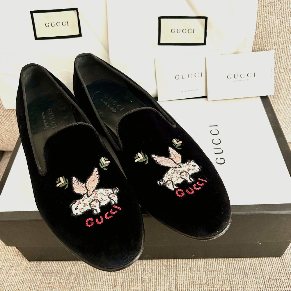 Gucci Loafers - Velvet Embroidered Flying Pig In Blac… - Gem
